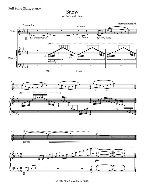 SNOW | for Flute and Piano | by Herman Beeftink | Sheet Music (DIGITAL – Herman Beeftink - Composer