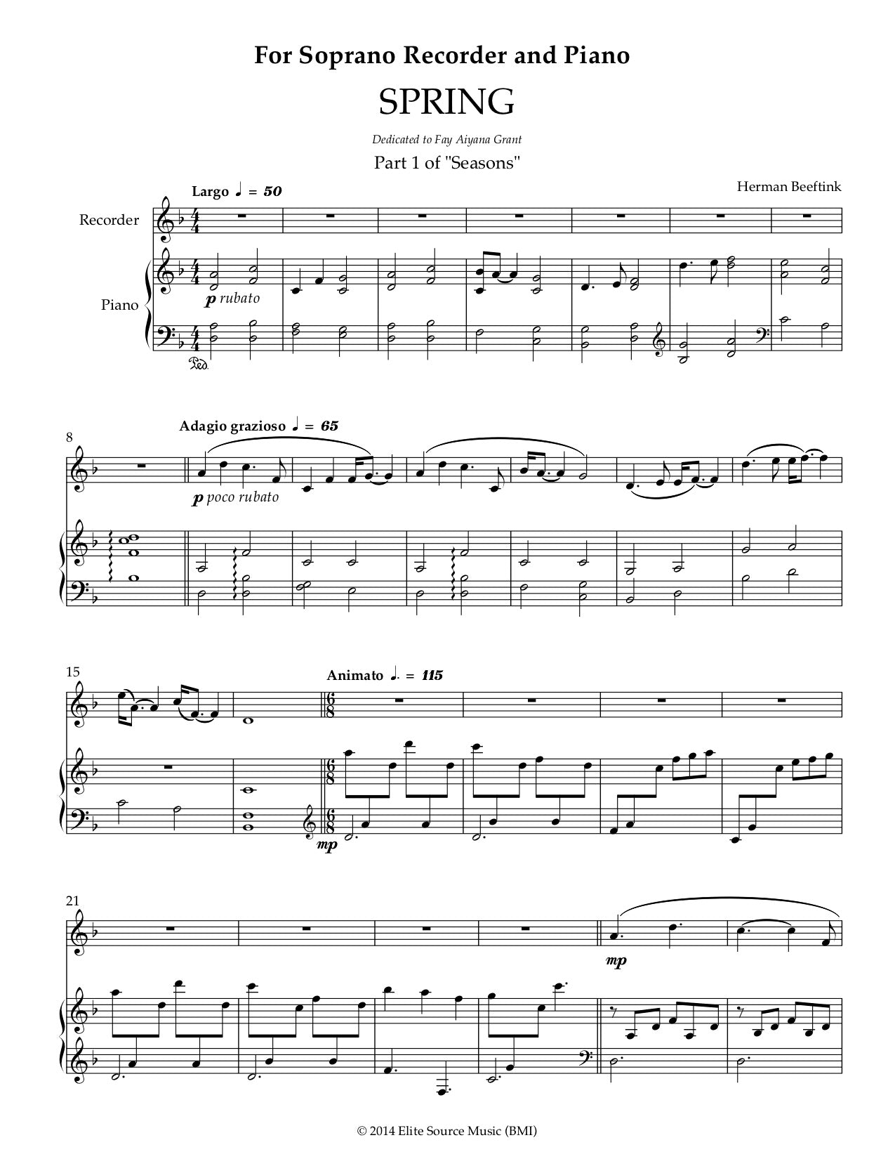 SPRING | for Soprano Recorder and Piano | by Herman Beeftink | Sheet M ...