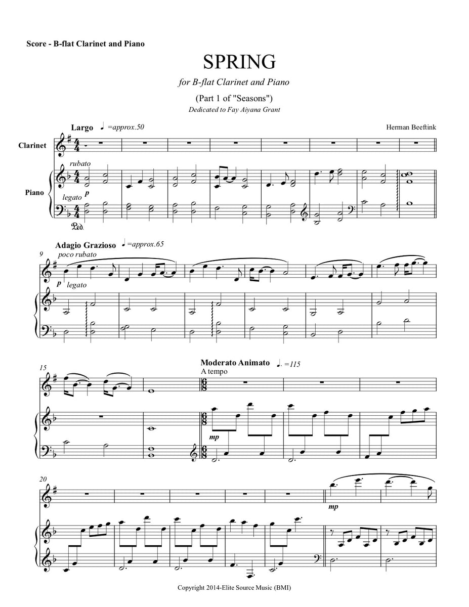 SPRING | B-flat Clarinet and Piano | by Herman Beeftink | Score and Pa ...