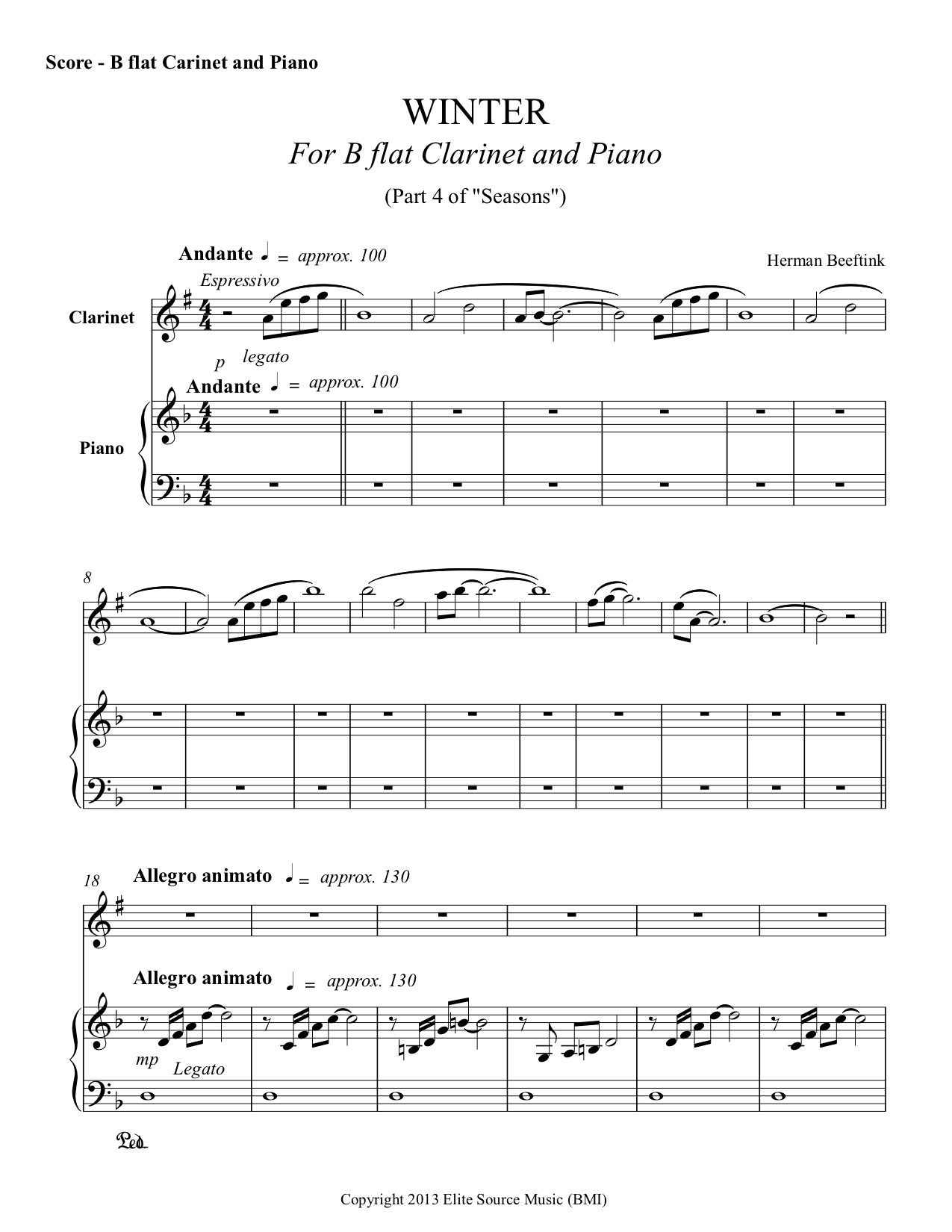 WINTER | for B-flat Clarinet and Piano | by Herman Beeftink | Score an ...